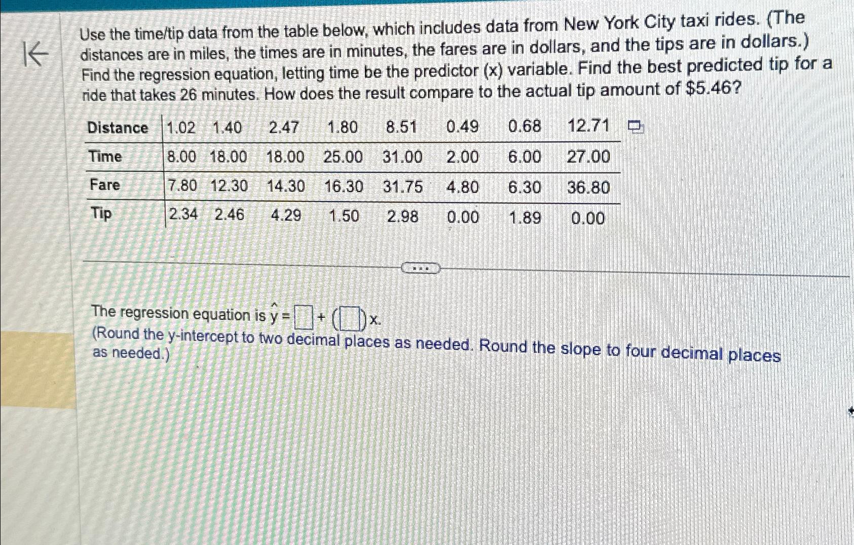 Use the time/tip data from the table below, which | Chegg.com