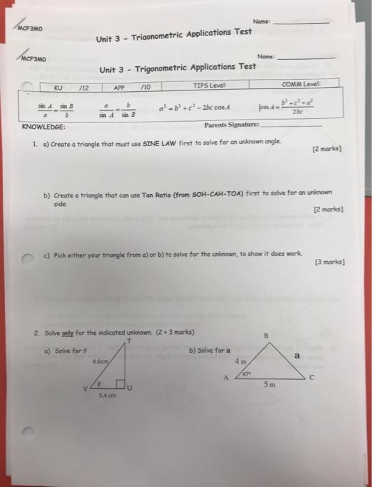 Solved Nome: MCF3MO Unit 3 - Trigonometric Applications Test | Chegg.com