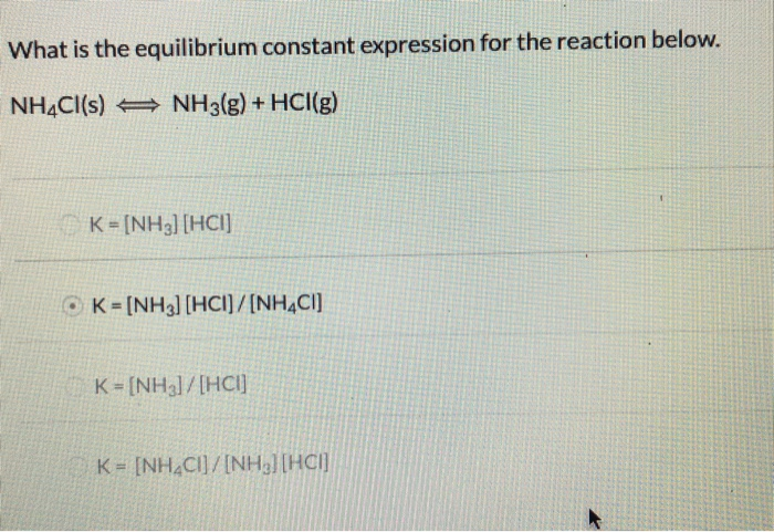 Solved What is the equilibrium constant expression for the | Chegg.com