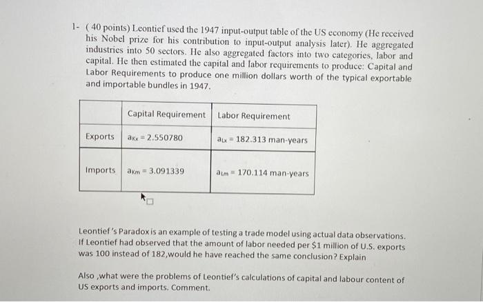 Solved 1- ( 40 points) Leontief used the 1947 input-output | Chegg.com