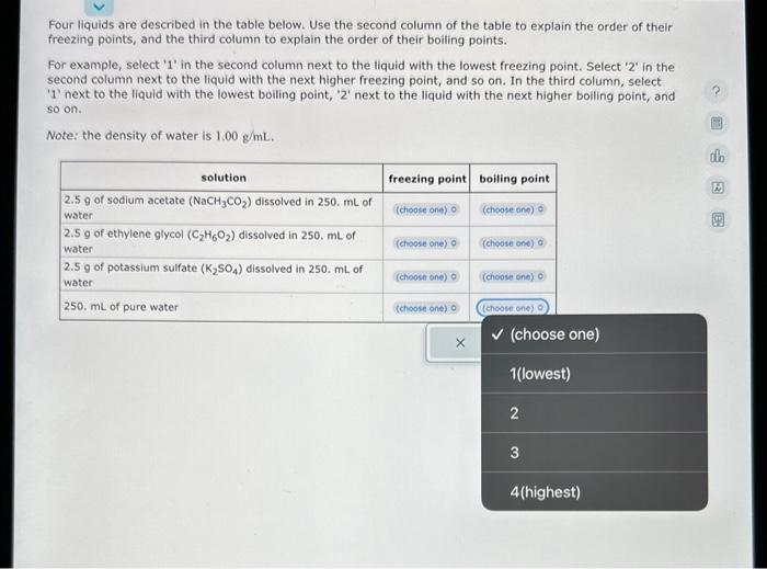 Solved Four liquids are described in the table below. Use | Chegg.com