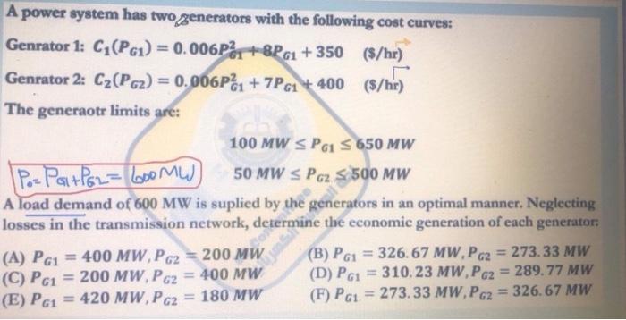 Solved A power system has two generators with the following | Chegg.com