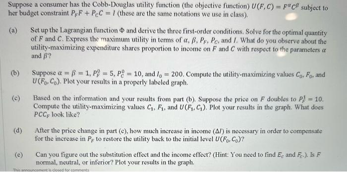 Suppose a consumer has the Cobb-Douglas utility | Chegg.com