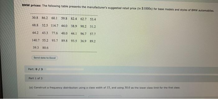 Solved BMW prices: The following table presents the | Chegg.com