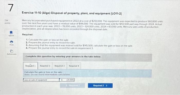Solved Exercise 11-10 (Algo) Disposol of property, plant, | Chegg.com