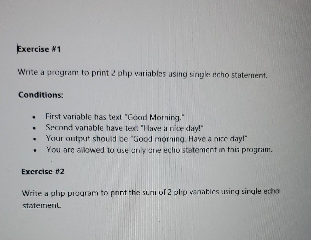 Solved Exercise #1 Write a program to print 2 php variables | Chegg.com
