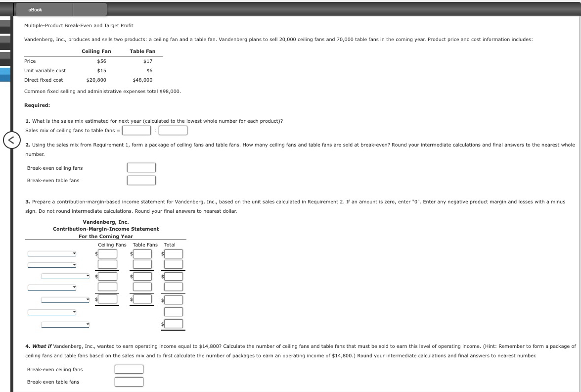 Solved eBookMultiple-Product Break-Even and Target | Chegg.com