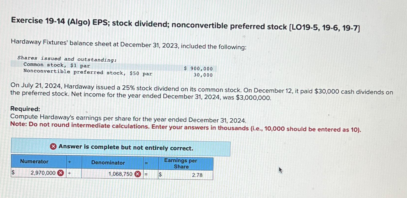 Solved Exercise 19-14 (Algo) ﻿EPS; stock dividend; | Chegg.com