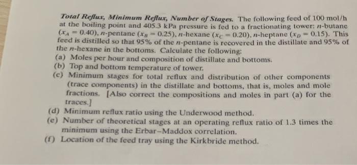 Solved Toral Reflux, Minimum Reflux, Number of Stages. The | Chegg.com