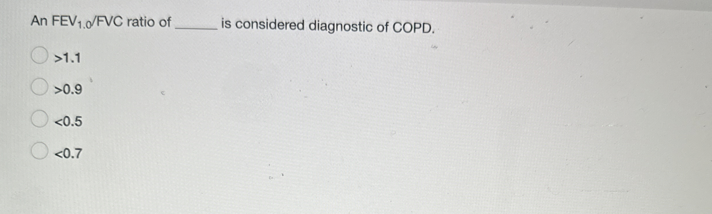 Solved An FEV1.0FVC ﻿ratio of q, ﻿is considered diagnostic | Chegg.com