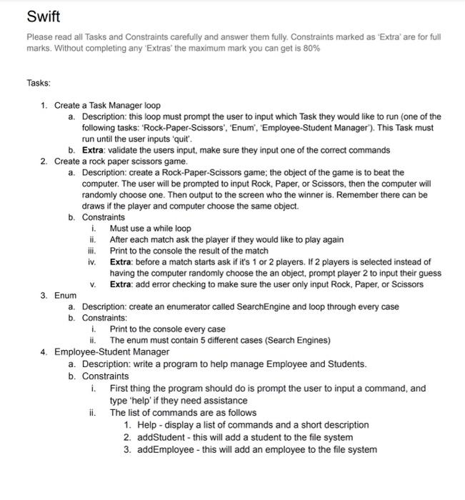Solved Swift Please read all Tasks and Constraints carefully | Chegg.com