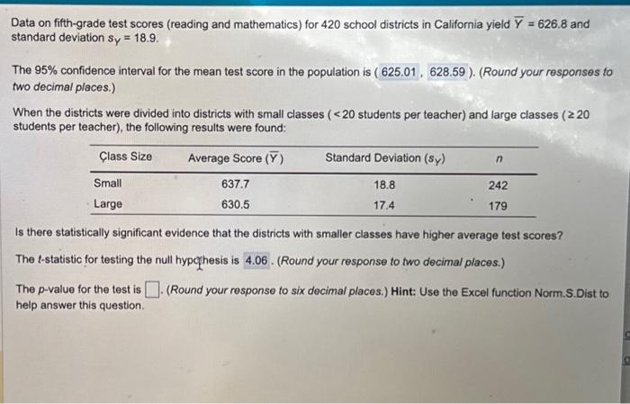 Solved Data on fifth-grade test scores (reading and | Chegg.com