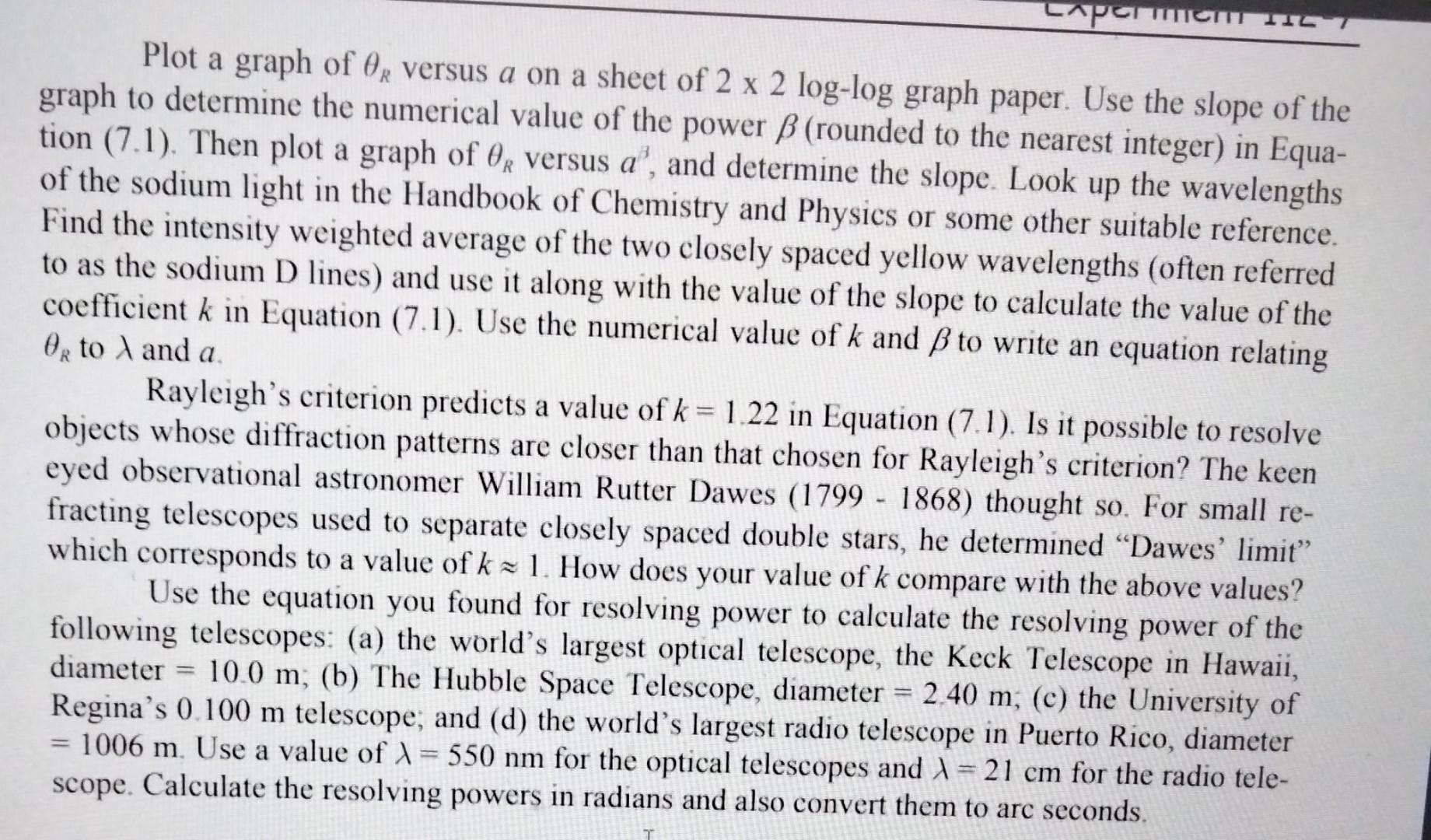 Solved 1. Resolving Power of a Telescope Set up the | Chegg.com