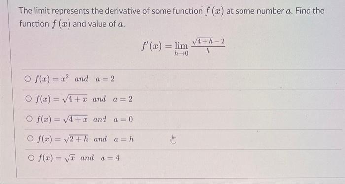 Solved The limit represents the derivative of some function | Chegg.com