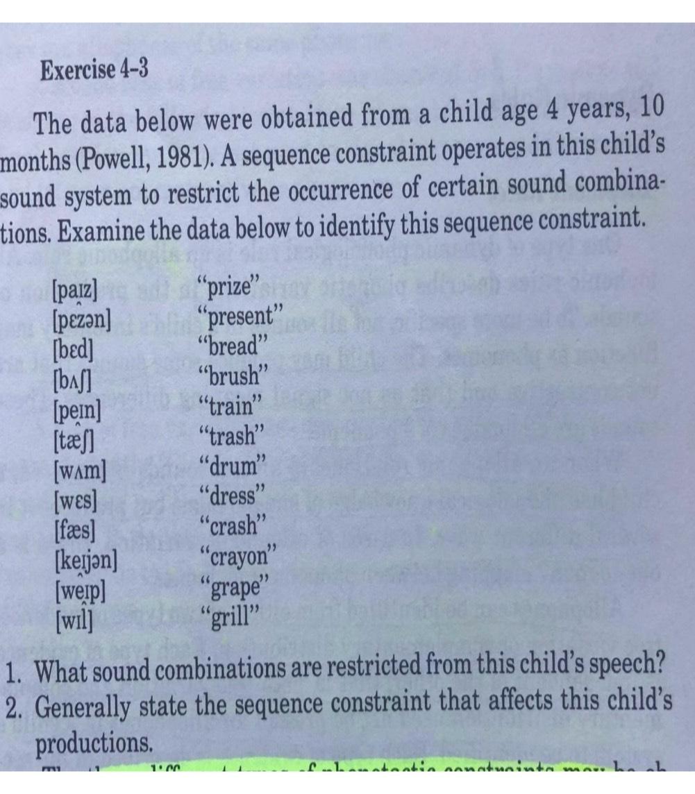 Solved Exercise 4-3The data below were obtained from a child | Chegg.com