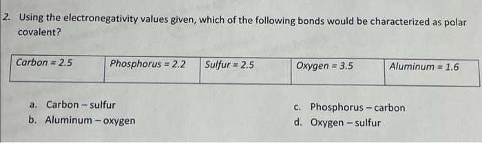 Solved 2. Using the electronegativity values given, which of | Chegg.com