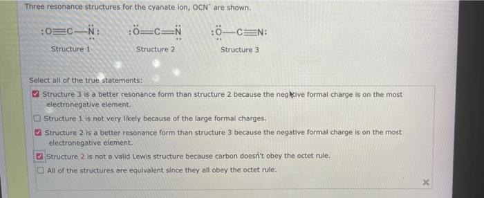 Solved Three Resonance Structures For The Cyanate Ion Ocn∘