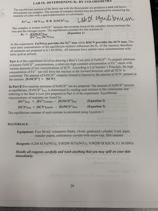 LAB IX. DETERMINING Kc BY COLORIMETRY The equilibrium | Chegg.com
