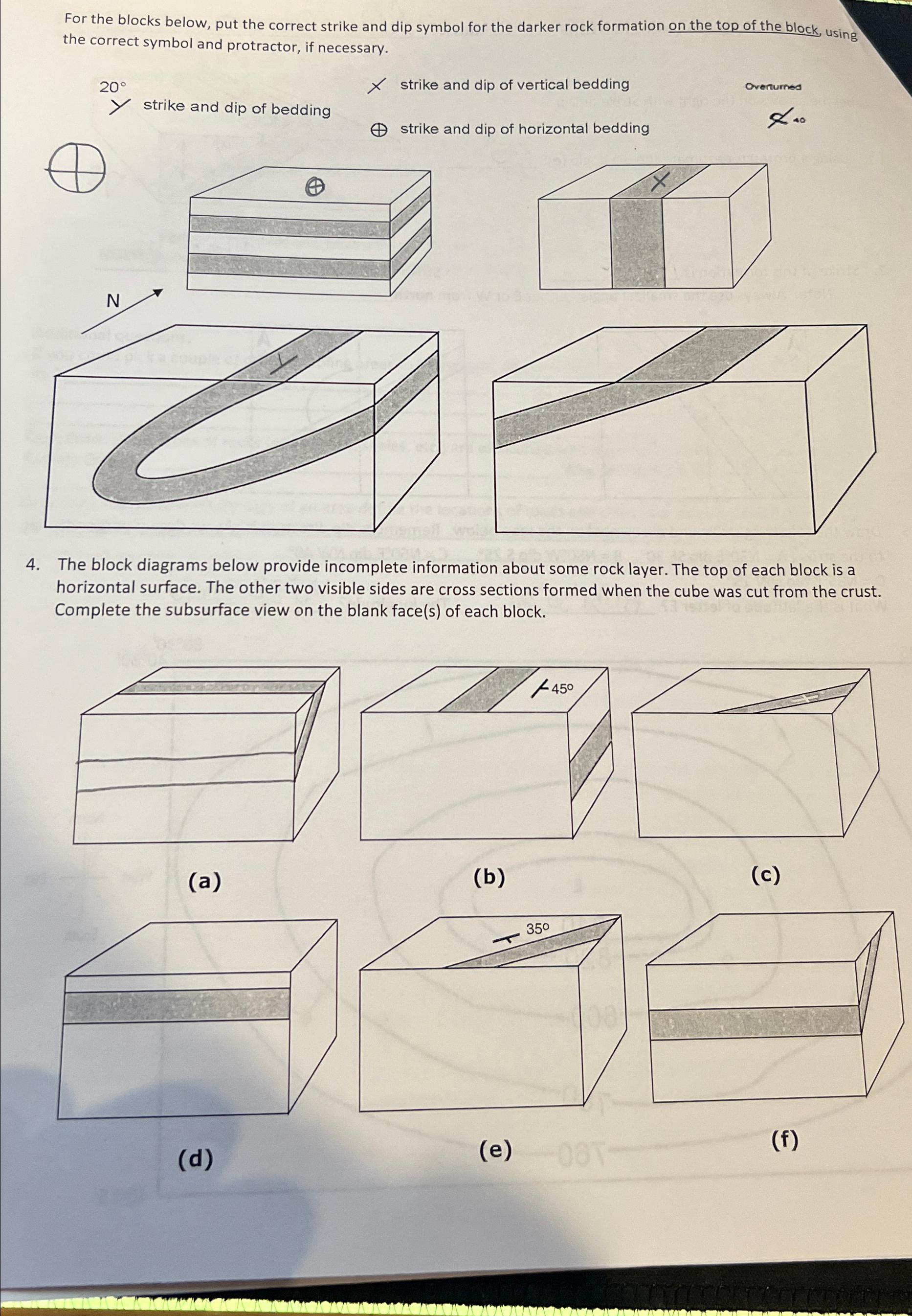 Solved For the blocks below, put the correct strike and dip | Chegg.com