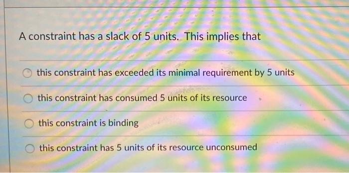 Solved A constraint has a slack of 5 units. This implies | Chegg.com