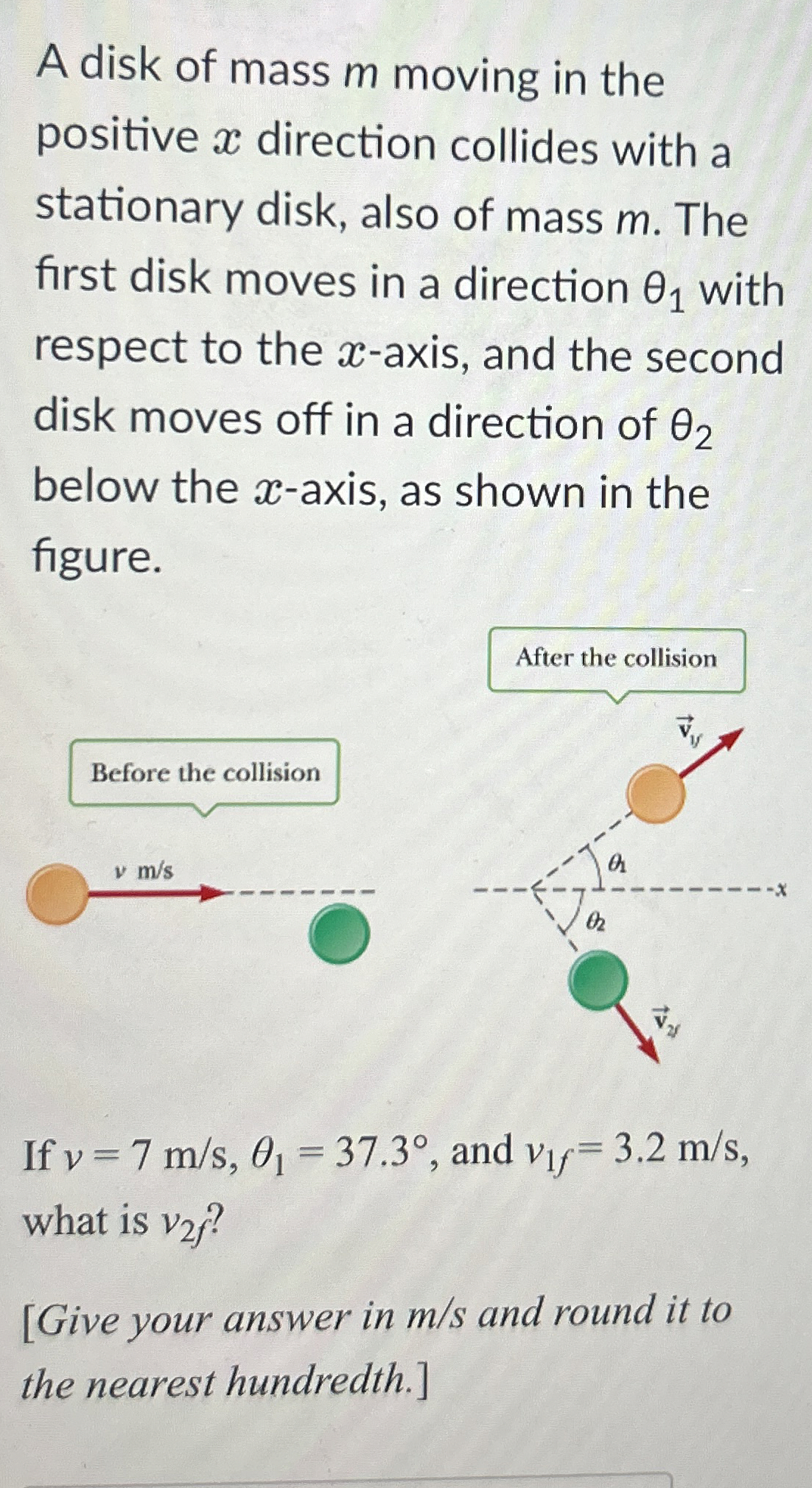 Solved A disk of mass m ﻿moving in the positive x ﻿direction | Chegg.com