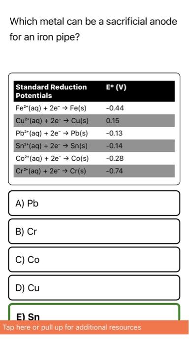 Solved Which metal can be a sacrificial anode for an iron | Chegg.com