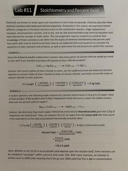 Lab #11 Stoichiometry and Percent Yield Chemicals are | Chegg.com