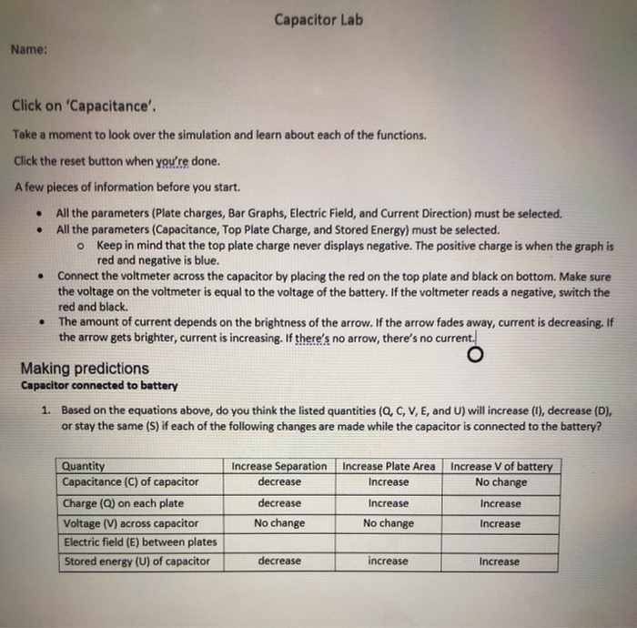 Solved Capacitor Lab Name: Click on 'Capacitance'. Take a | Chegg.com