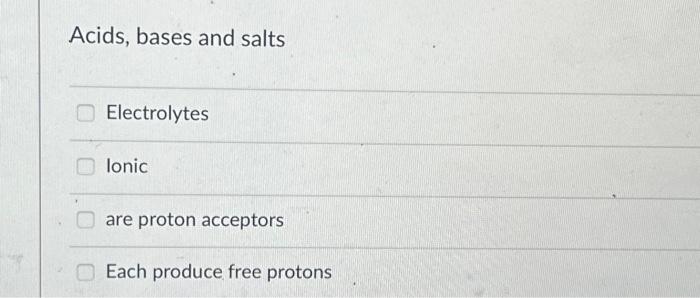Solved Acids, bases and salts Electrolytes Ionic are proton | Chegg.com
