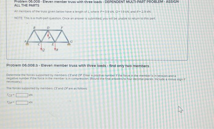 Solved Problem 06.008 - Eleven member truss with three loads | Chegg.com