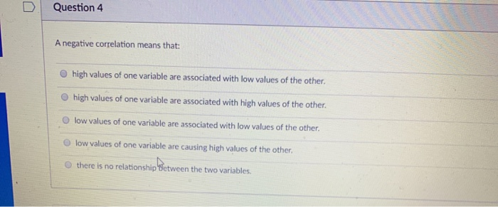 Solved Question 4 A negative correlation means that: high | Chegg.com