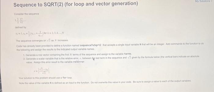 Solved Sequence to SQRT(2) (for loop and vector generation) | Chegg.com