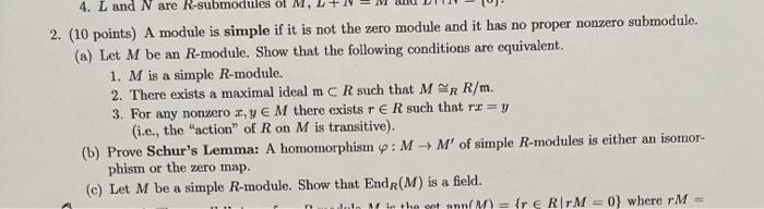 Solved 4. L and N are R-submodules of M 2. (10 points) A | Chegg.com