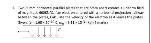Solved 1. Two 60mm horizontal parallel plates that are 5mm | Chegg.com