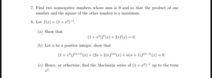 Solved 7. Find two nonnegative numbers whose sum is 9 and so | Chegg.com