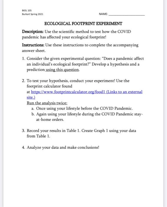 ECOLOGICAL FOOTPRINT EXPERIMENT Description: Use the | Chegg.com