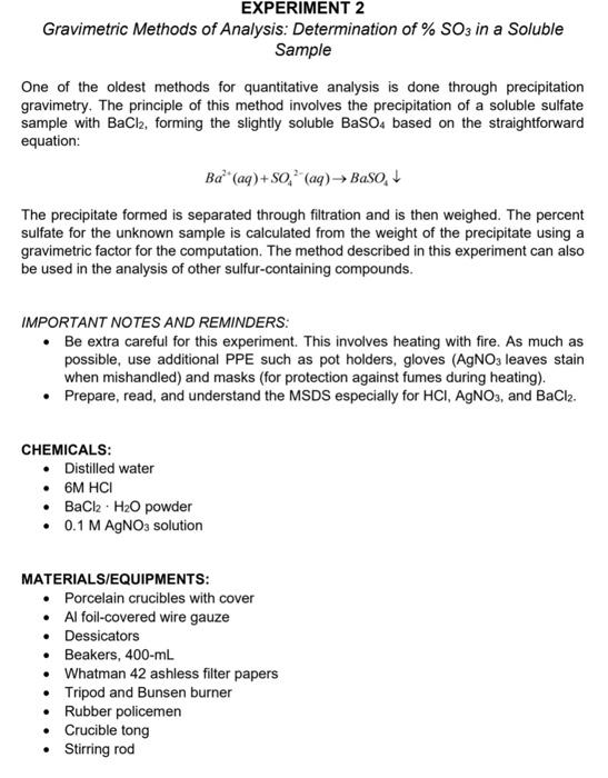 Solved EXPERIMENT 2 Gravimetric Methods of Analysis: | Chegg.com