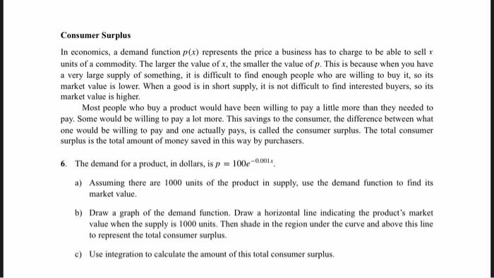 Solved Consumer Surplus In economics, a demand function p(x) | Chegg.com