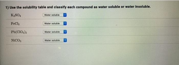 Solved 1) Use the solubility table and classify each | Chegg.com