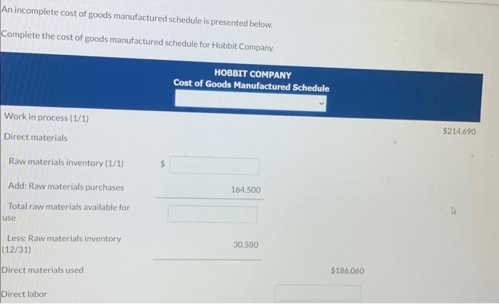 Solved An incomplete cost of goods manufactured schedule is | Chegg.com