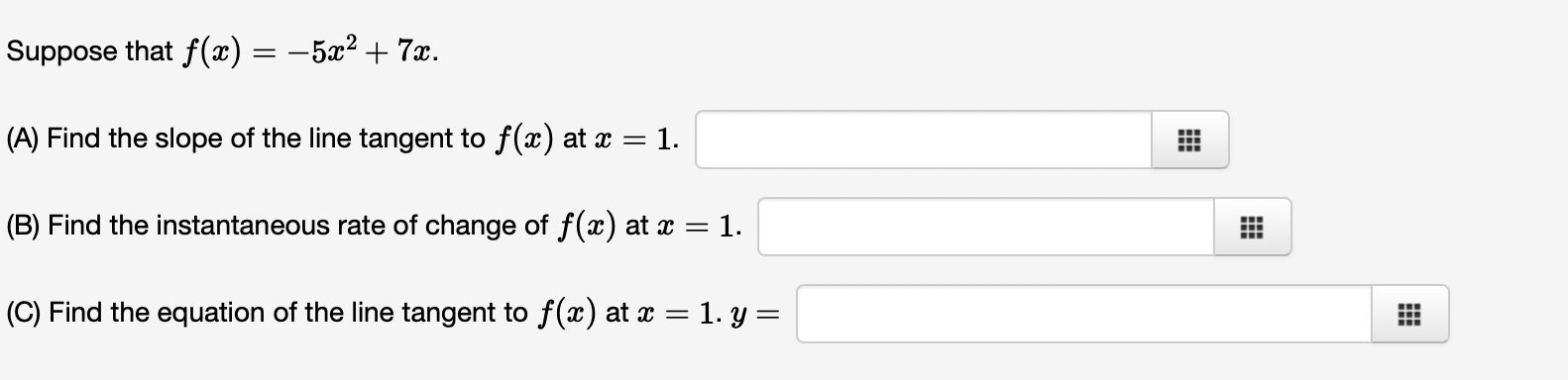 Solved Suppose that f(x)=-5x2+7x.(A) ﻿Find the slope of the | Chegg.com