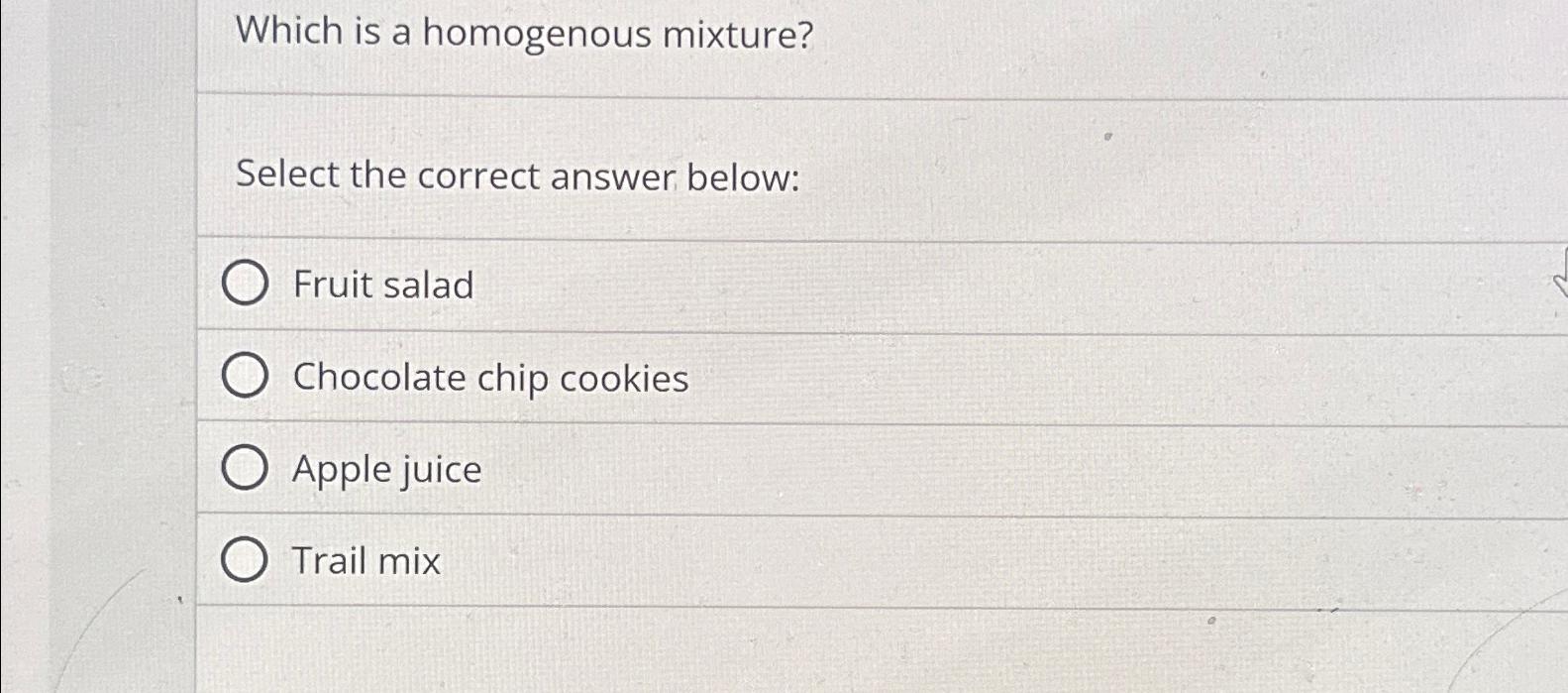 Solved Which is a homogenous mixture?Select the correct | Chegg.com