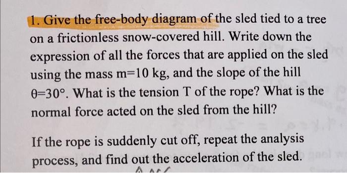 Solved 1. Give the free-body diagram of the sled tied to a | Chegg.com