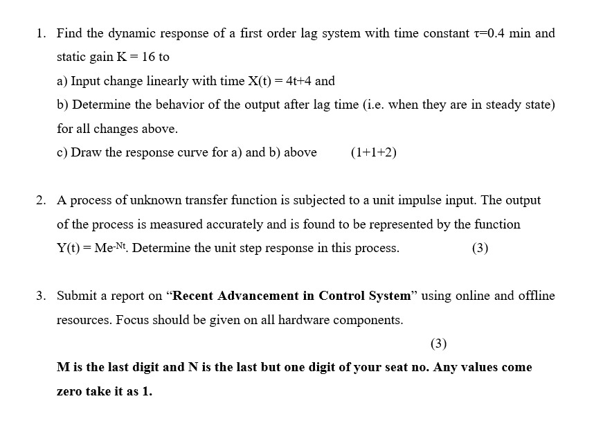 Find the dynamic response of a first order lag system | Chegg.com