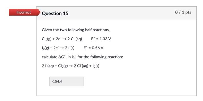 Solved Given the two following half reactions, Cl2( | Chegg.com