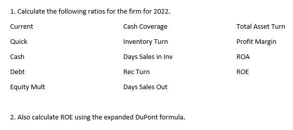 Solved 1. Calculate the following ratios for the firm for | Chegg.com