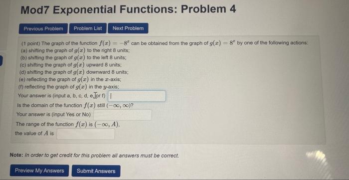Solved Mod7 Exponential Functions: Problem 4 (1 point) The | Chegg.com