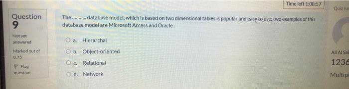 Solved Time left 1:08:57 Quand The Question 9 ...database | Chegg.com