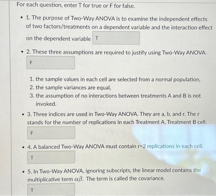 Solved or each question, enter T for true or F for false. - | Chegg.com