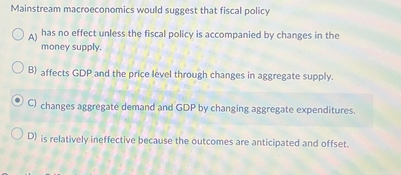 Solved Mainstream macroeconomics would suggest that fiscal | Chegg.com